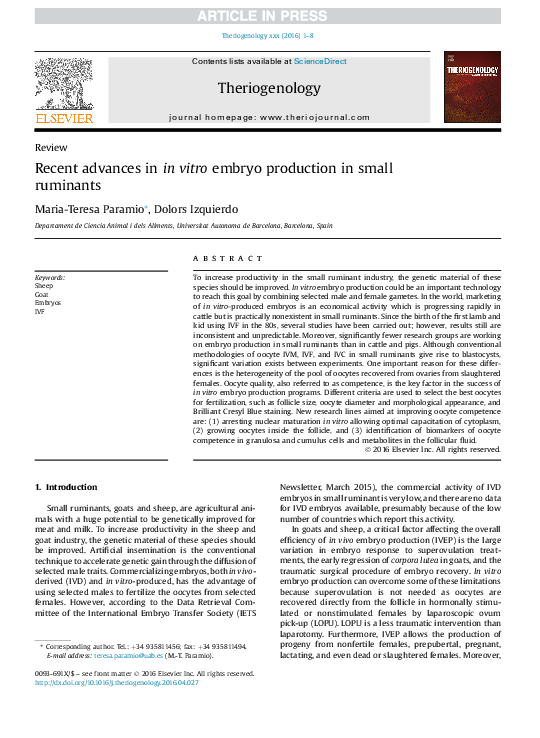 (PDF) Recent advances in in vitro embryo production in small ruminants