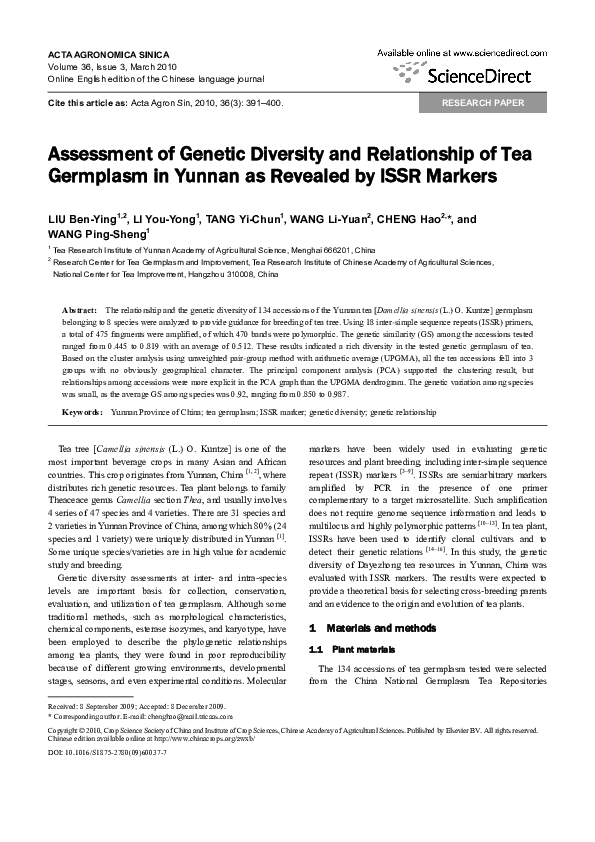 (PDF) Assessment of Genetic Diversity and Relationship of Tea Germplasm ...