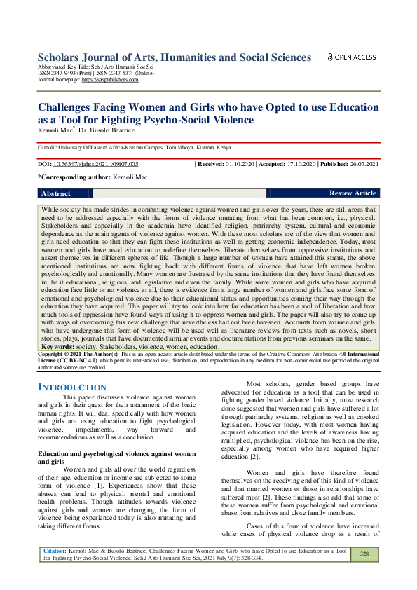 (PDF) Challenges Facing Women and Girls who have Opted to use Education ...