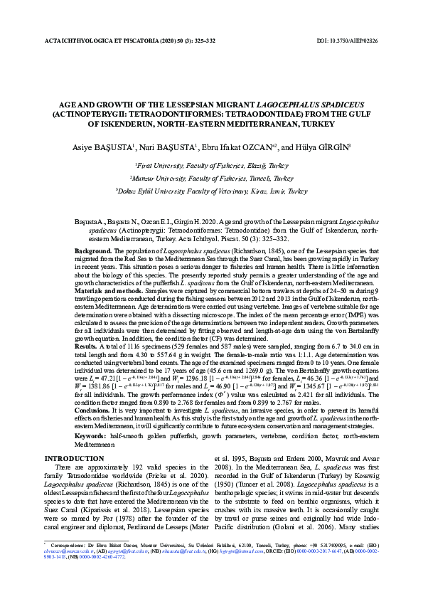 (PDF) Age and growth of the Lessepsian migrant Lagocephalus spadiceus ...