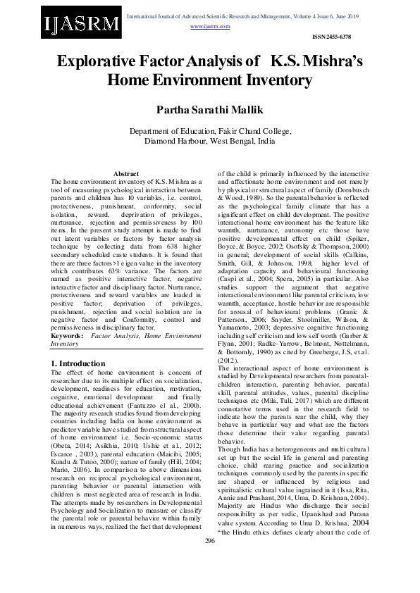 (PDF) Explorative Factor Analysis of K.S. Mishra’s Home Environment Inventory