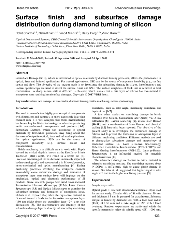 (PDF) Surface finish and subsurface damage distribution during diamond ...