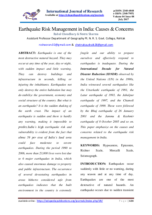 (PDF) Earthquake Risk Management in India: Causes & Concerns