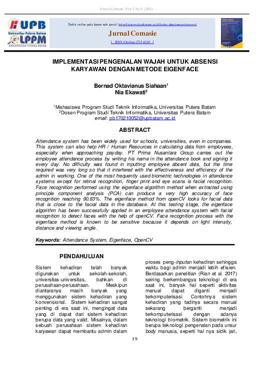 (PDF) Implementasi Pengenalan Wajah Untuk Absensi Karyawan Dengan ... (PDF) Implementasi Pengenalan Wajah Untuk Absensi Karyawan Dengan ...