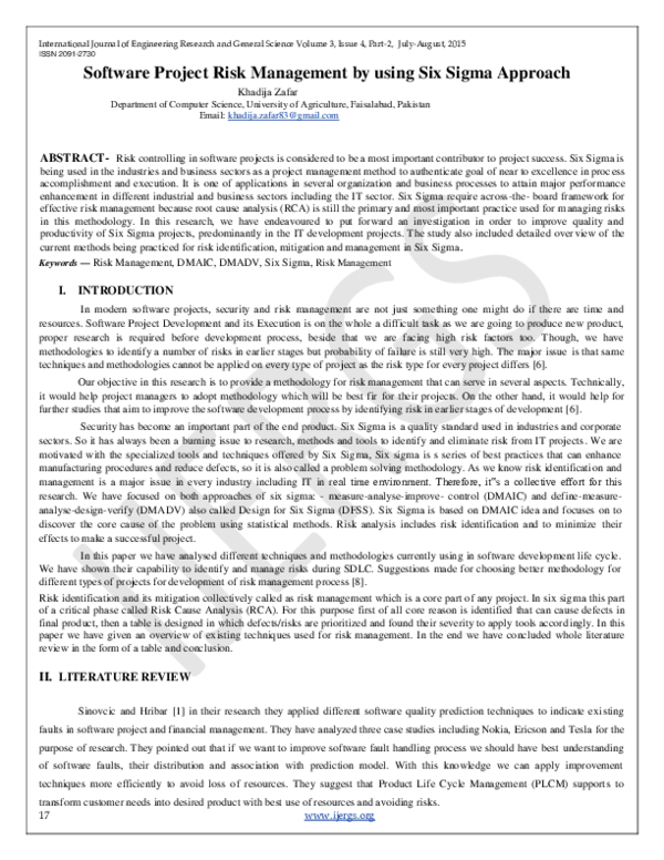(PDF) Software Project Risk Management by using Six Sigma Approach