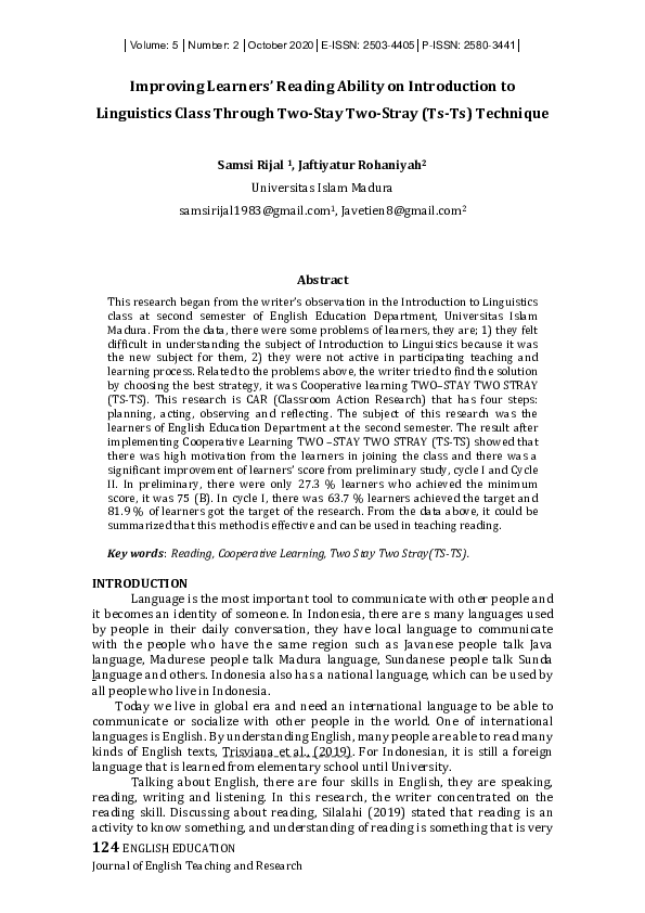 (PDF) Improving Students’ Reading Ability on Introduction to Linguistic Class Through Two –Stay ...