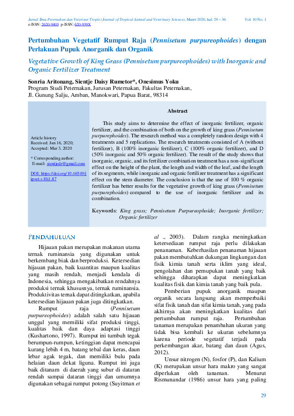 (PDF) Pertumbuhan Vegetatif Rumput Raja (Pennisetum purpureophoides ...