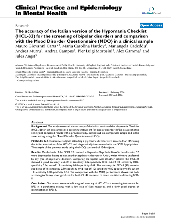 (PDF) The accuracy of the Italian version of the Hypomania Checklist ...