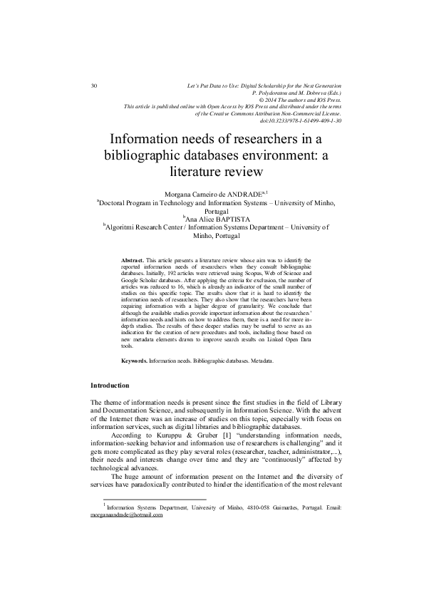 Information needs of researchers in a bibliographic databases ...