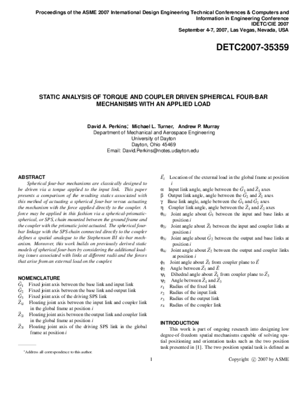 (PDF) Static Analysis of Torque and Coupler Driven Spherical Four-Bar ...