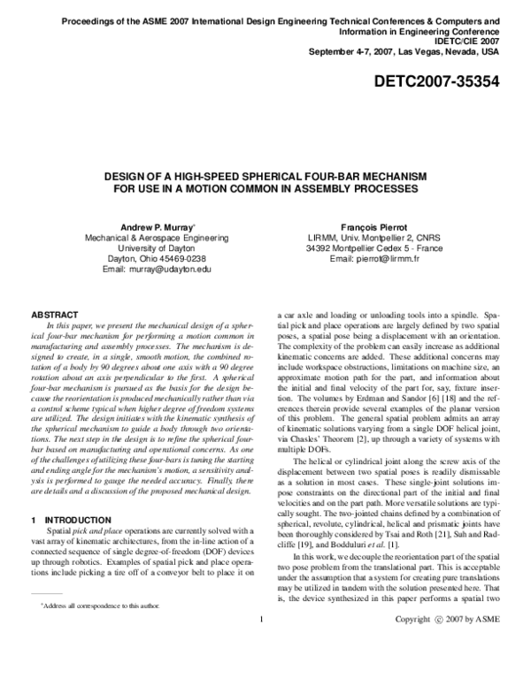 (PDF) Design of a High-Speed Spherical Four-Bar Mechanism for Use in a ...
