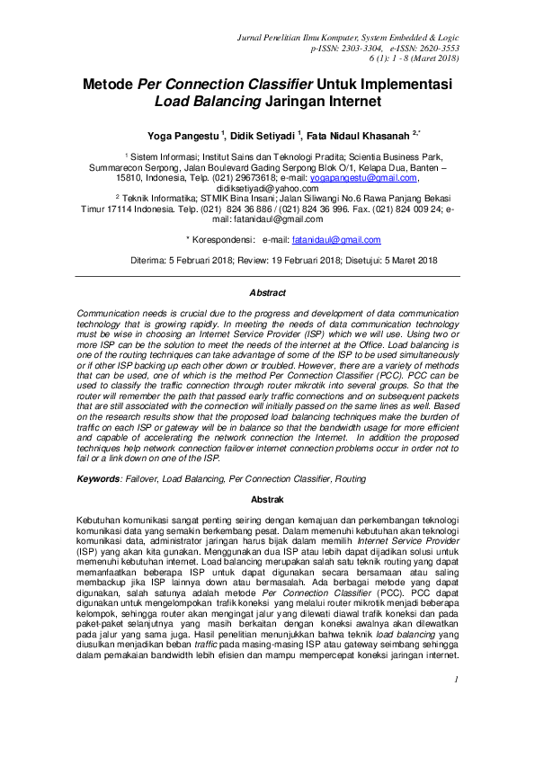 (PDF) Metode Per Connection Classifier Untuk Implementasi Load Balancing Jaringan Internet
