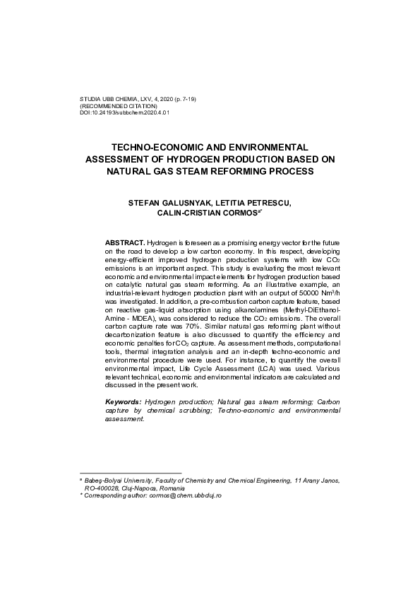 (PDF) Techno-economic and environmental assessment of hydrogen ...