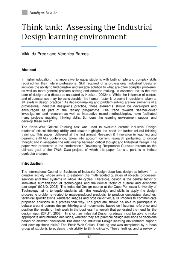 (PDF) Think tank: assessing the industrial design learning environment