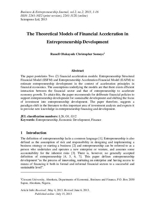 (PDF) The Theoretical Models of Financial Acceleration in Entrepreneurship Development