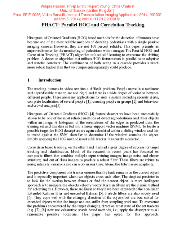 (PDF) PHACT: Parallel HOG and Correlation Tracking