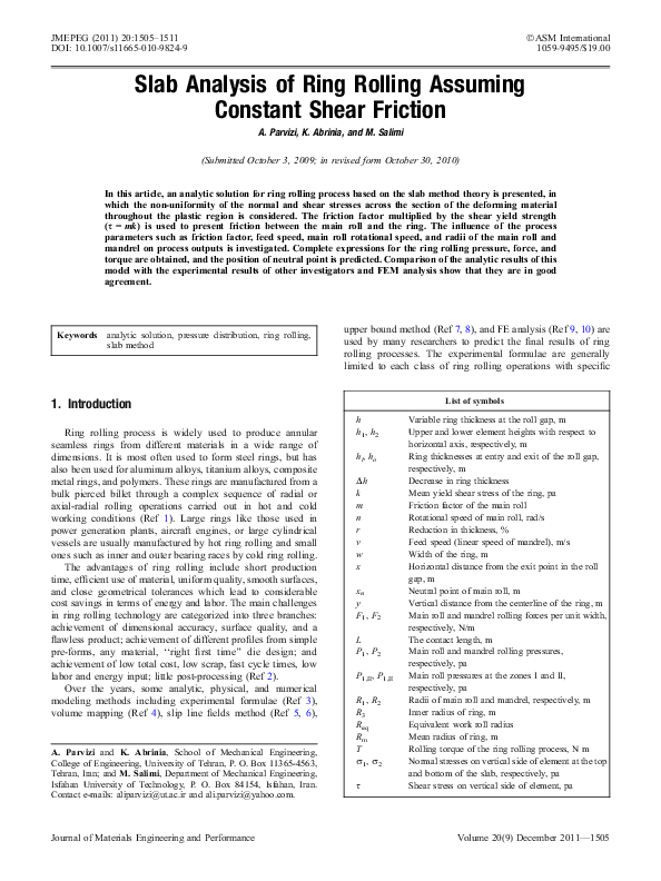 (PDF) Slab Analysis of Ring Rolling Assuming Constant Shear Friction