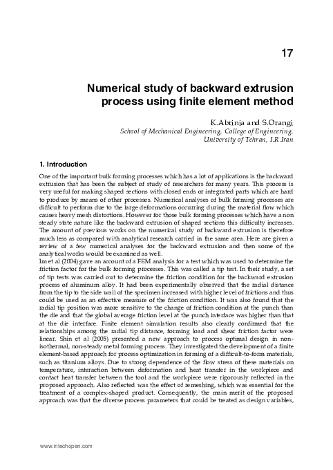 (PDF) Numerical Study of Backward Extrusion Process Using Finite Element Method