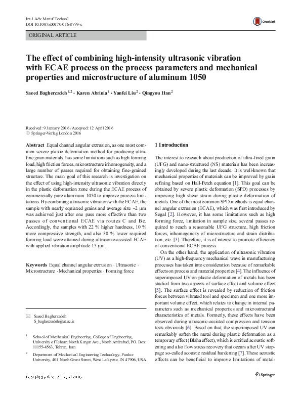 Pdf The Effect Of Combining High Intensity Ultrasonic Vibration With Ecae Process On The