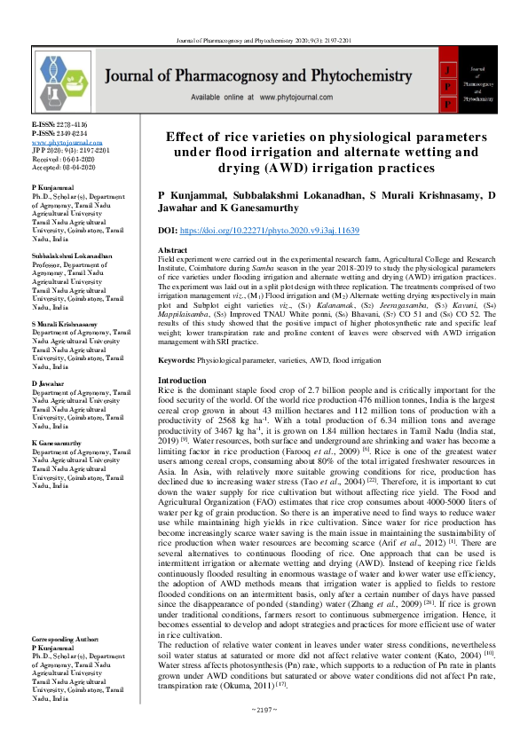 (PDF) Effect of rice varieties on physiological parameters under flood irrigation and alternate ...