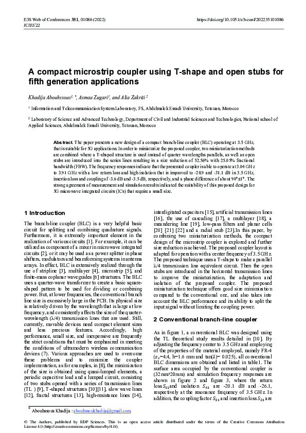 Pdf A Compact Microstrip Coupler Using T Shape And Open Stubs For Fifth Generation Applications
