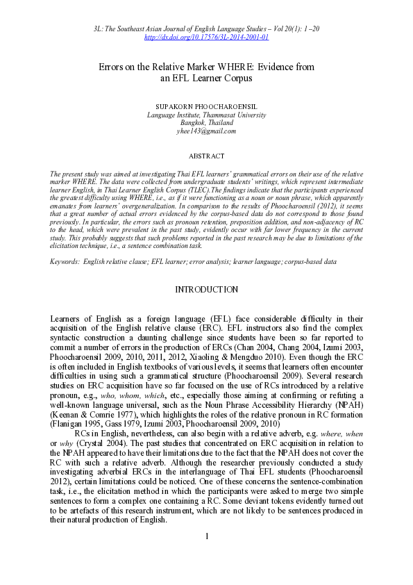 (PDF) Errors on the Relative Marker WHERE: Evidence from an EFL Learner Corpus