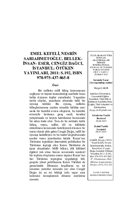 (PDF) EMEL KEFELİ, NESRİN SARIAHMETOĞLU, BELLEK-İNSAN-ESER, CENGİZ ...