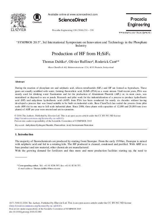 (PDF) Production of HF from H2SiF6