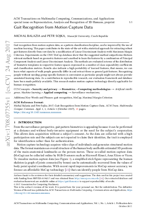 (PDF) Gait Recognition from Motion Capture Data | Petr Sojka - Academia.edu