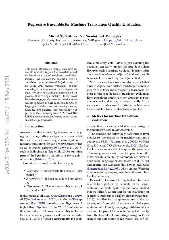 (PDF) Regressive Ensemble for Machine Translation Quality Evaluation
