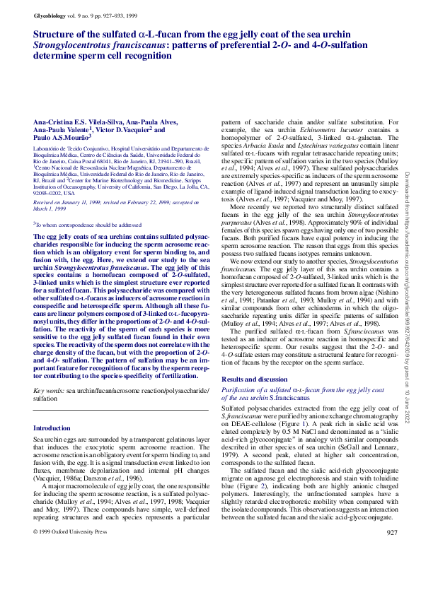 (PDF) Structure of the sulfated -L-fucan from the egg jelly coat of the ...