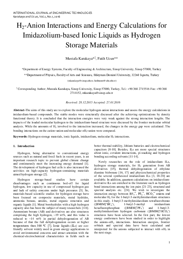 (PDF) H2-Anion Interactions and Energy Calculations for Imidazolium-based Ionic Liquids as ...