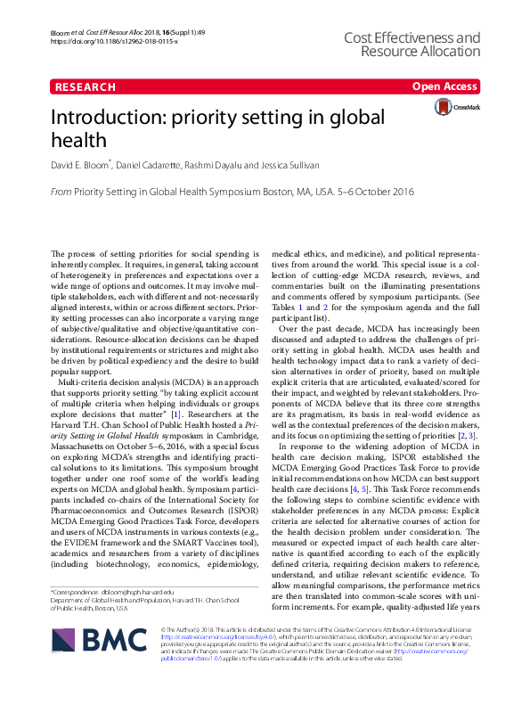 (PDF) Introduction: priority setting in global health