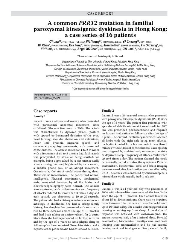 (PDF) A common PRRT2 mutation in familial paroxysmal kinesigenic dyskinesia in Hong Kong: a case ...