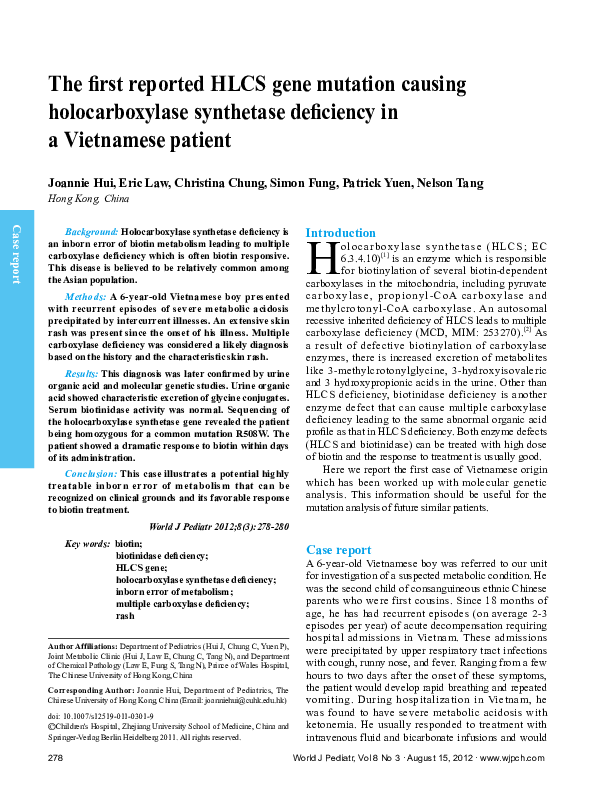 (PDF) The first reported HLCS gene mutation causing holocarboxylase ...