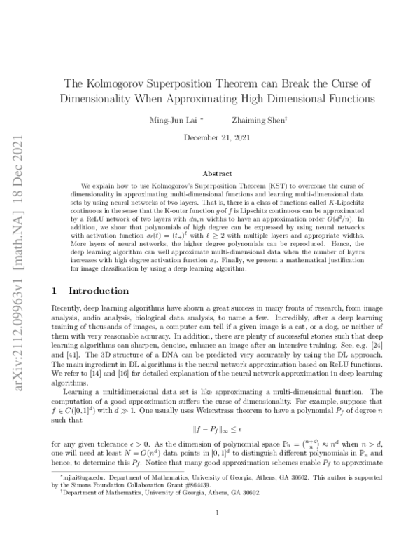 (PDF) The Kolmogorov Superposition Theorem can Break the Curse of Dimensionality When ...