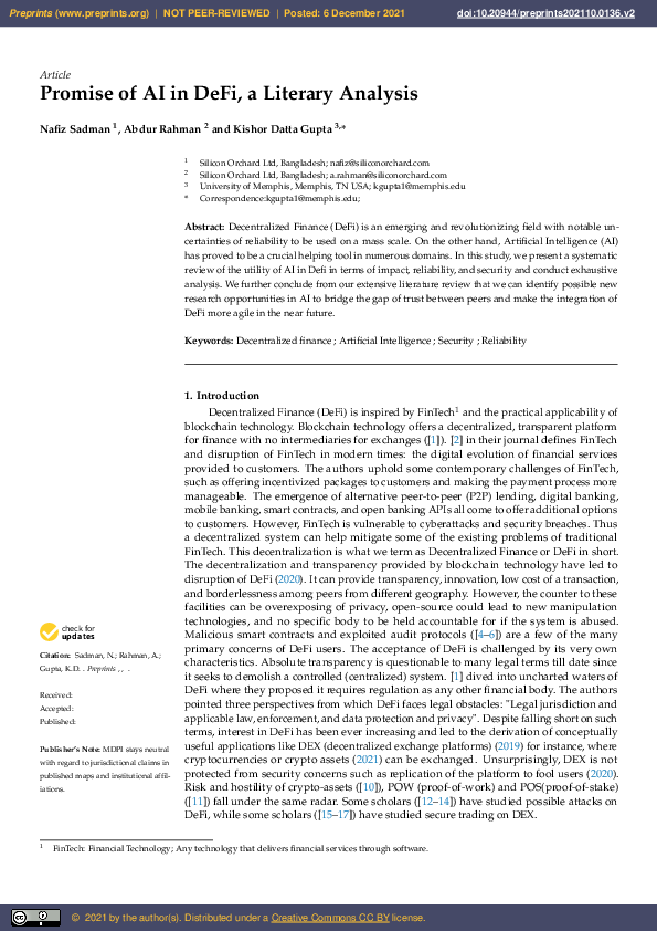 (PDF) Promise of AI in Defi, A Literary Analysis