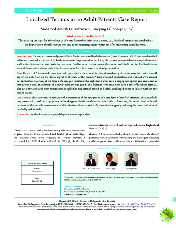 (PDF) Localized Tetanus in an Adult Patient: Case Report | Abhijit Guha ...
