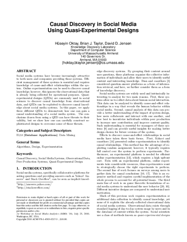 (PDF) Causal discovery in social media using quasi-experimental designs