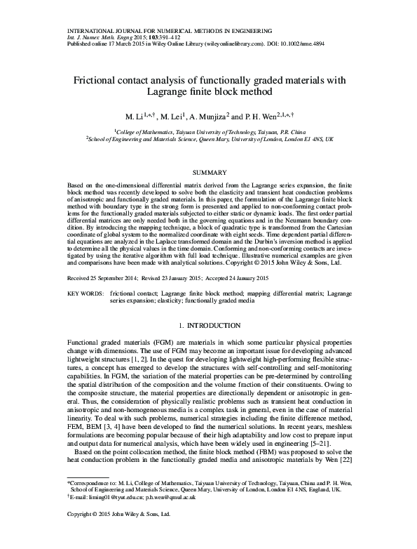 Pdf Frictional Contact Analysis Of Functionally Graded Materials With Lagrange Finite Block Method