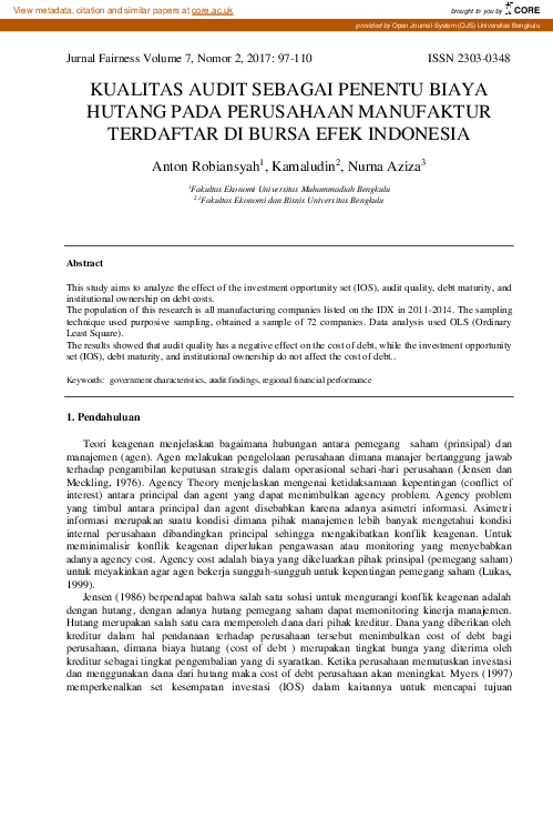 (PDF) Kualitas Audit Sebagai Penentu Biaya Hutang Pada Perusahaan Manufaktur Terdaftar DI Bursa ...
