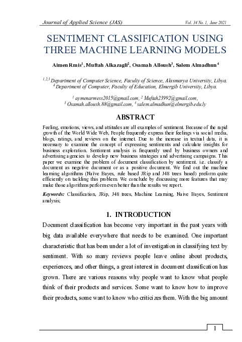 (PDF) SENTIMENT CLASSIFICATION USING THREE MACHINE LEARNING MODELS