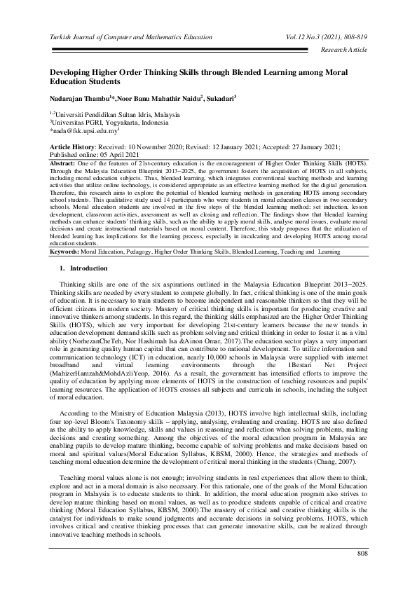 (PDF) Developing Higher Order Thinking Skills through Blended Learning among Moral Education ...