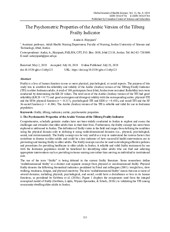 (PDF) The Psychometric Properties of the Arabic Version of the Tilburg Frailty Indicator | Audai ...