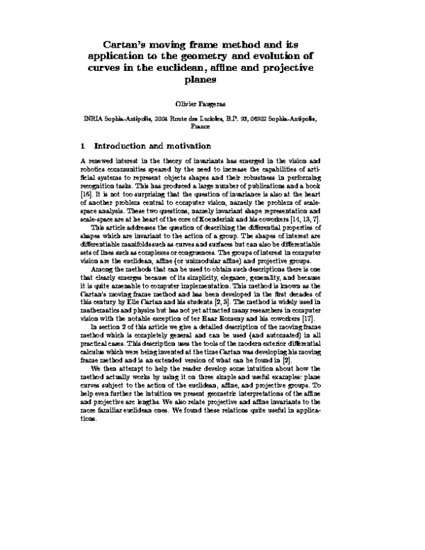 (PDF) Cartan's moving frame method and its application to the geometry and evolution of curves ...