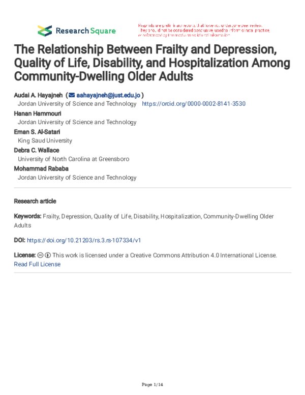(PDF) The Relationship Between Frailty and Depression, Quality of Life ...
