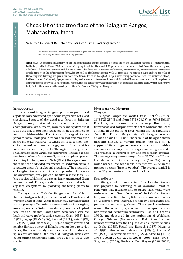 (PDF) Checklist of the tree flora of the Balaghat Ranges, Maharashtra ...