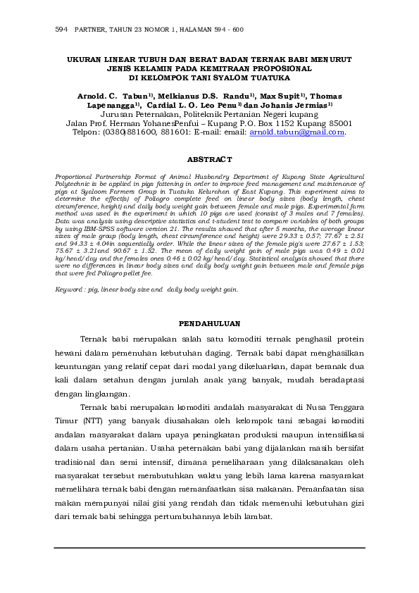 (PDF) Ukuran Linear Tubuh Dan Berat Badan Ternak Babi Menurut Jenis Kelamin Pada Kemitraan ...