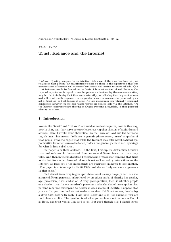 (PDF) Trust, Reliance, and the Internet
