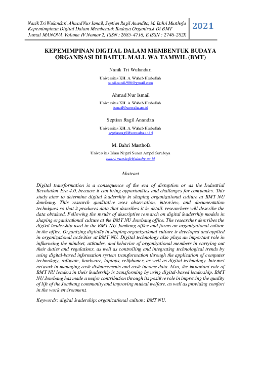 (PDF) Model Kepemimpinan Digital Dalam Membentuk Budaya Organisasi Di BMT